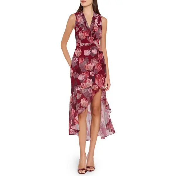 MILLY Nanci Floral Print Asymmetrical Ruffle Midi Dress - Red Multi