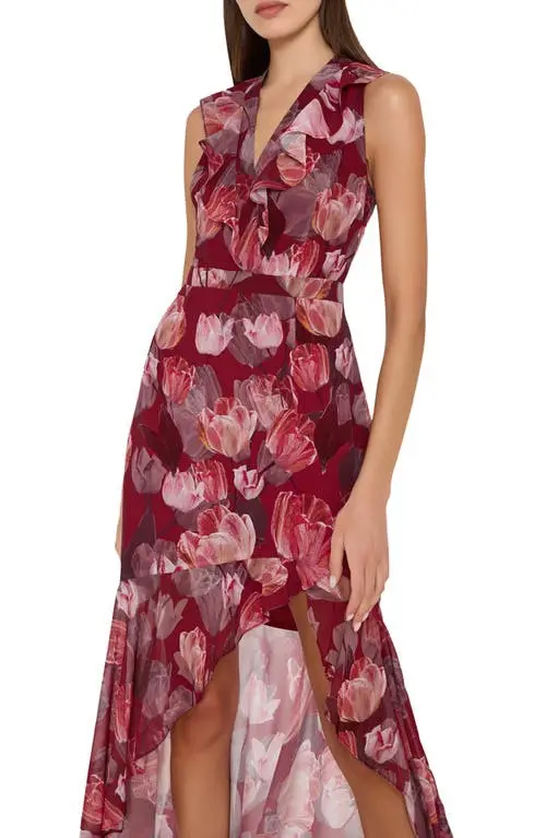 MILLY Nanci Floral Print Asymmetrical Ruffle Midi Dress