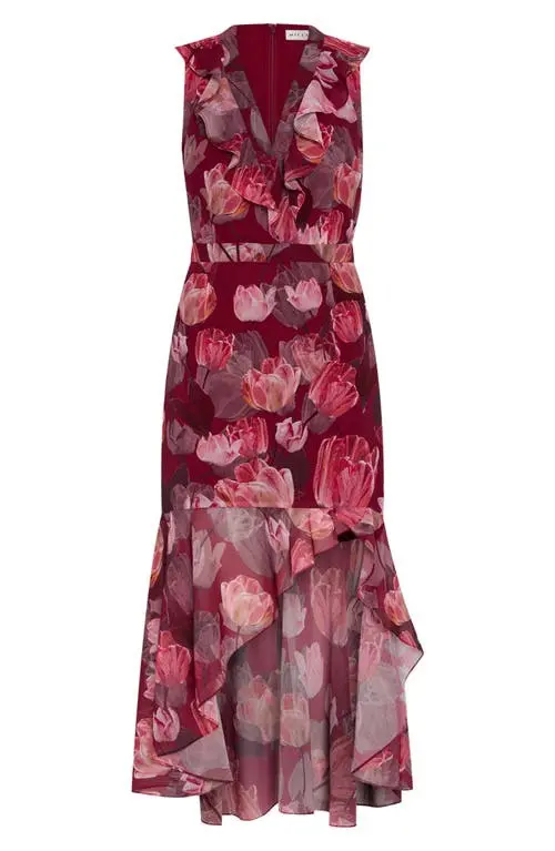 MILLY Nanci Floral Print Asymmetrical Ruffle Midi Dress