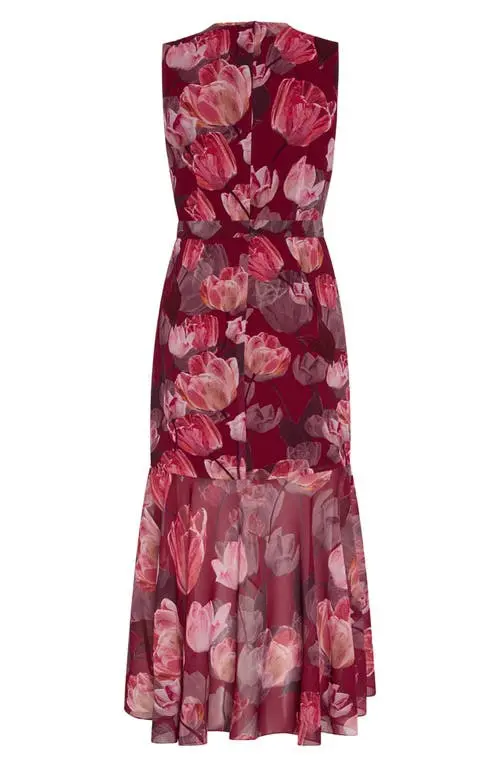 MILLY Nanci Floral Print Asymmetrical Ruffle Midi Dress