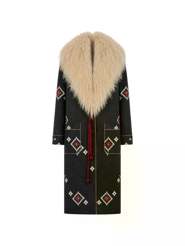 FORTELA Shearling-collar Geometric-print Coat