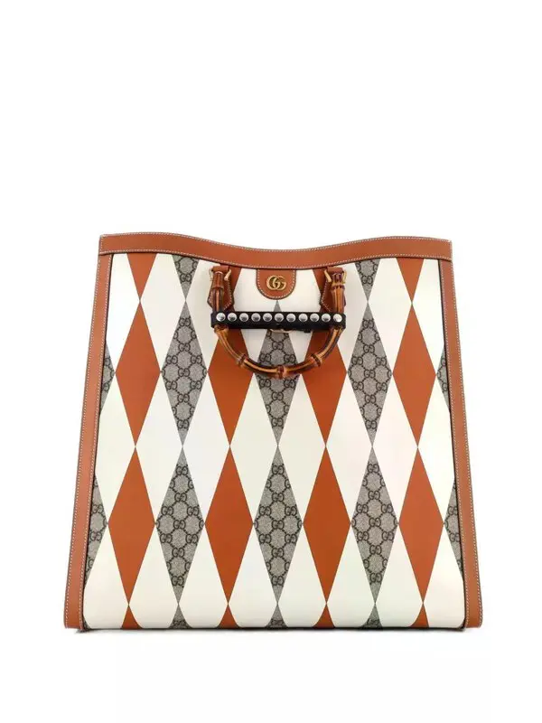Gucci Diana Nm Bamboo Handle Rhombus Gg Coated Canvas With Leather Large Tote Bag - Brown