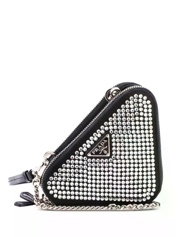 Prada Triangle Double Pouch Crystal Embellished Satin Mini Crossbody Bag - Black