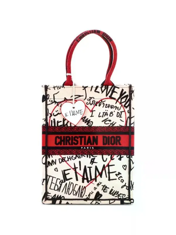 Dior Book Embroidered Canvas Vertical Tote Bag - Red