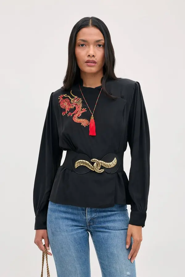 Rixo Sylvie Rose Dragon Embroidery Red Regular