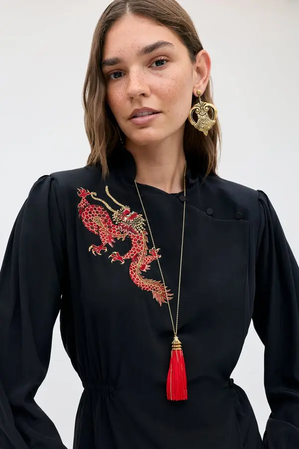 Rixo Sylvie Rose Dragon Embroidery Red Regular