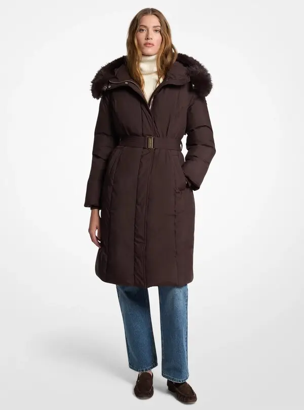 Michael Kors Faux Fur Trim Belted Coat In Size By - Brown