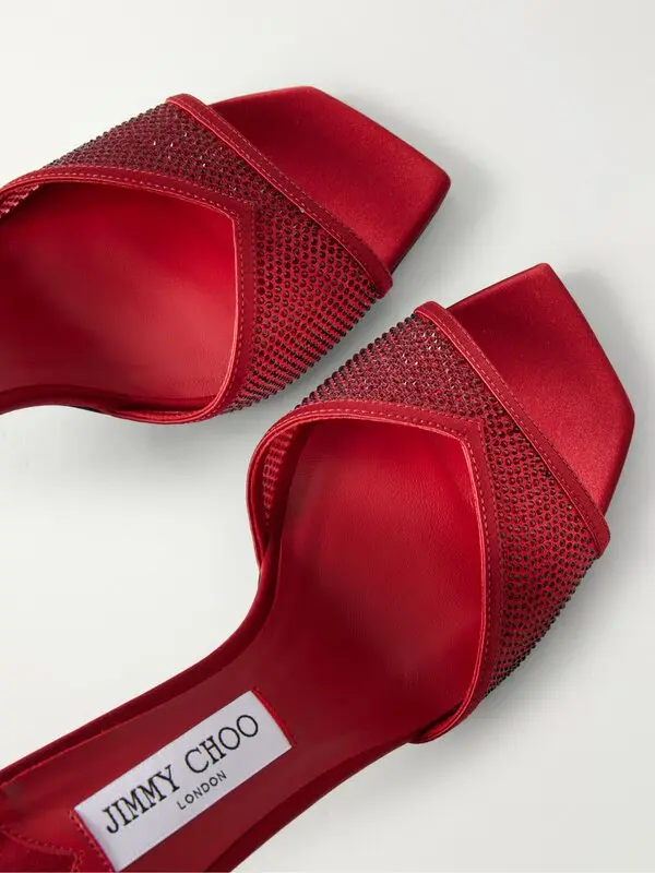 JIMMY CHOO Crystal-embellished Satin-trimmed Mesh Mules