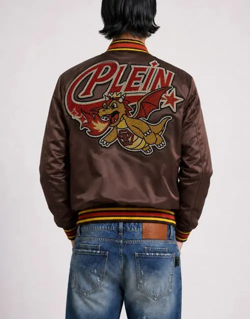 Philipp Plein Satin Bomber Plein Dragon Stones - Brown