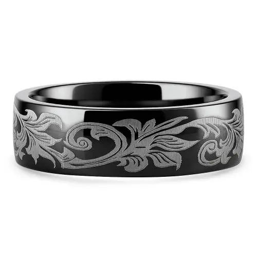 BLISS DIAMOND Black Barrel Script Titainum Ring 7mm Comfort Fit Wedding Band