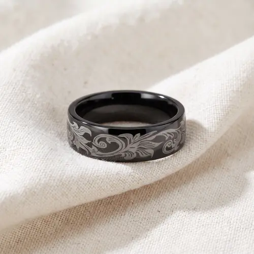 BLISS DIAMOND Black Barrel Script Titainum Ring 7mm Comfort Fit Wedding Band