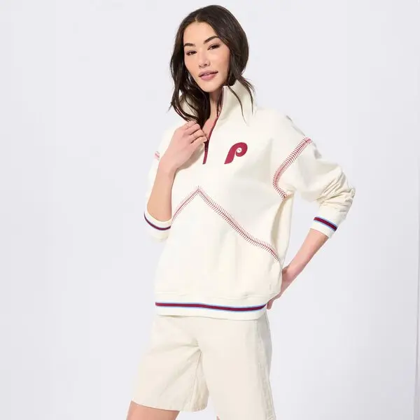 Terez White Philadelphia Phillies Baseball Stitch Quarter-zip Pullover - Cream