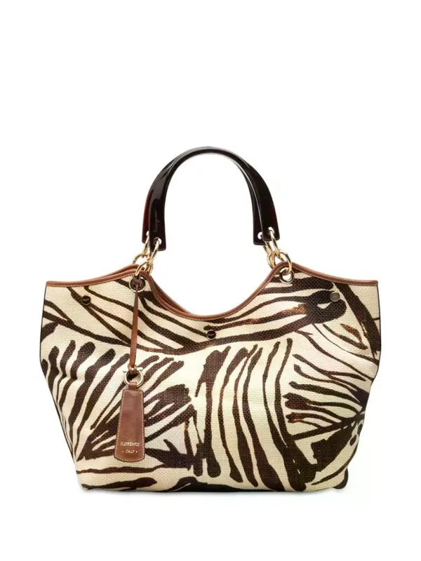 FERRAGAMO 2000-2026 Zebra Printed Straw Shopper Tote Bag