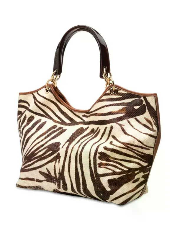 FERRAGAMO 2000-2026 Zebra Printed Straw Shopper Tote Bag