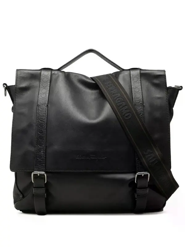 FERRAGAMO 2015 Gancini Trimmed Calfskin Messenger Bag Satchel - Black