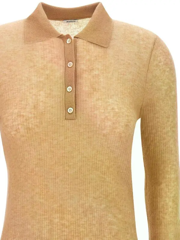 Aspesi Ribbed-knit Long-sleeve Polo Shirt - Neutrals
