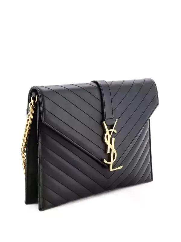 Saint Laurent Classic Monogram Envelope Chain Bag Matelasse Chevron Leather Medium Shoulder Bag - Black