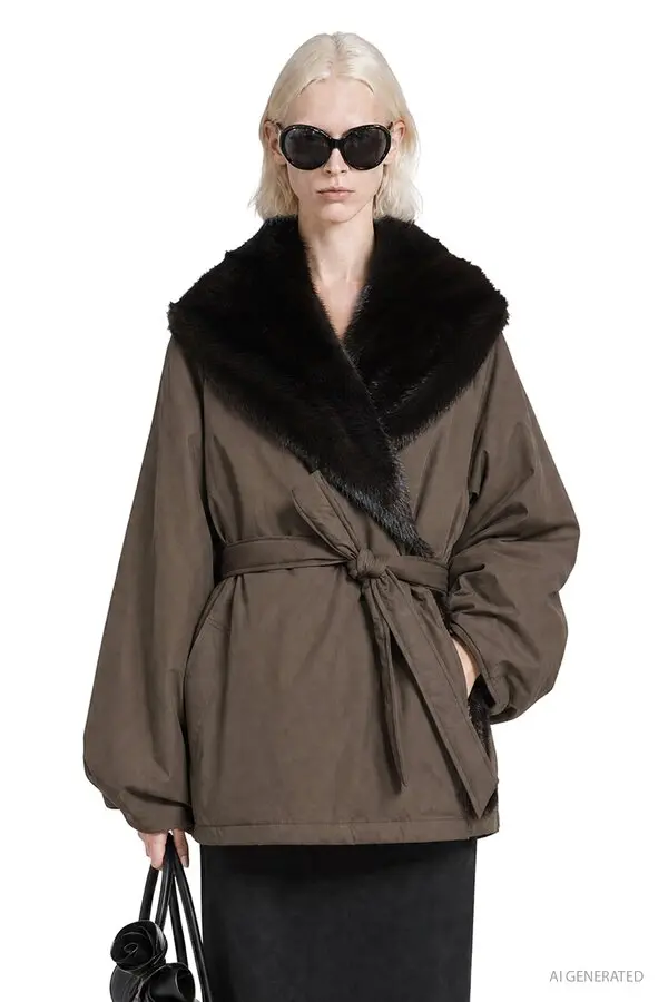Magda Butrym Belted Faux Fur Collar Jacket - Brown