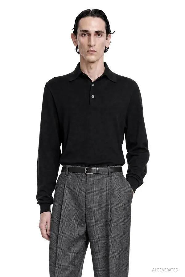 LARDINI Wool-silk Long Sleeve Polo - Black