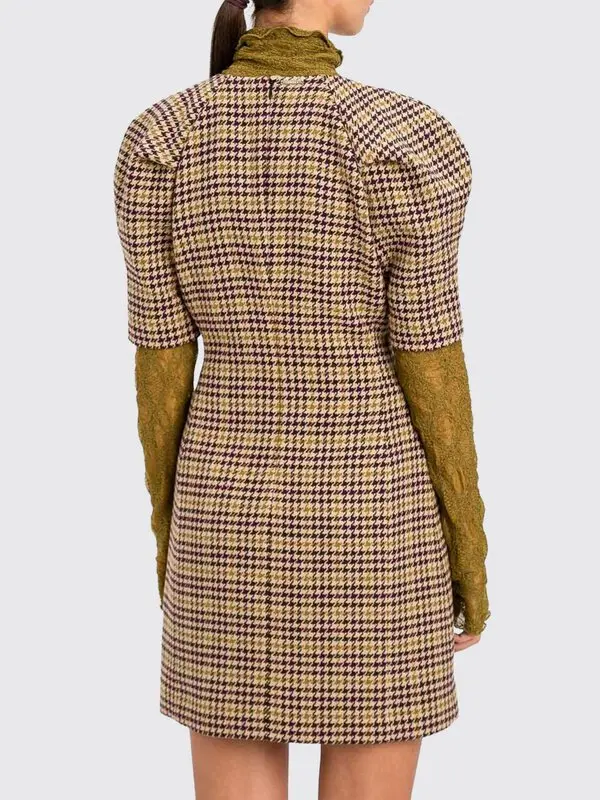 TWINSET Houndstooth Sheath Mini Dress With Puff Sleeves And Lace Inserts
