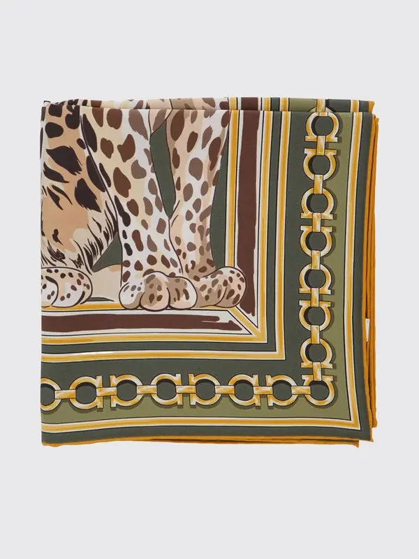 FERRAGAMO Square Pure Silk Foulard With Animalier Print And Gancini Logo - Green