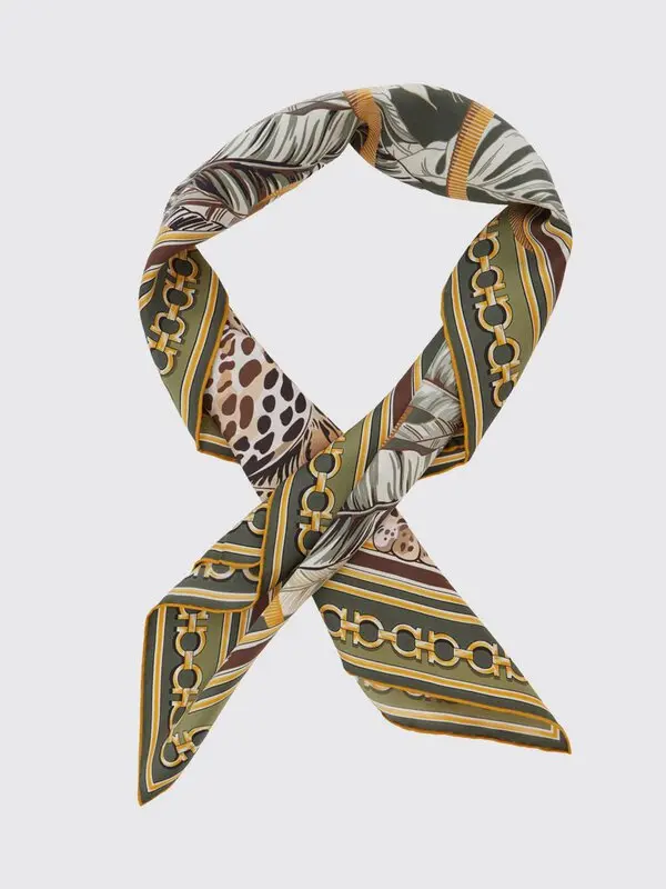 FERRAGAMO Square Pure Silk Foulard With Animalier Print And Gancini Logo - Green