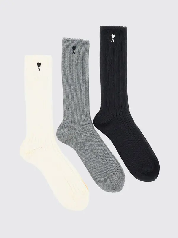 AMI Paris Set Of Three Ribbed Cotton Socks With Embroidered Logo - Multicolor