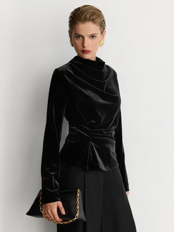 Paige Velvet Cowl-neck Long-sleeve Top