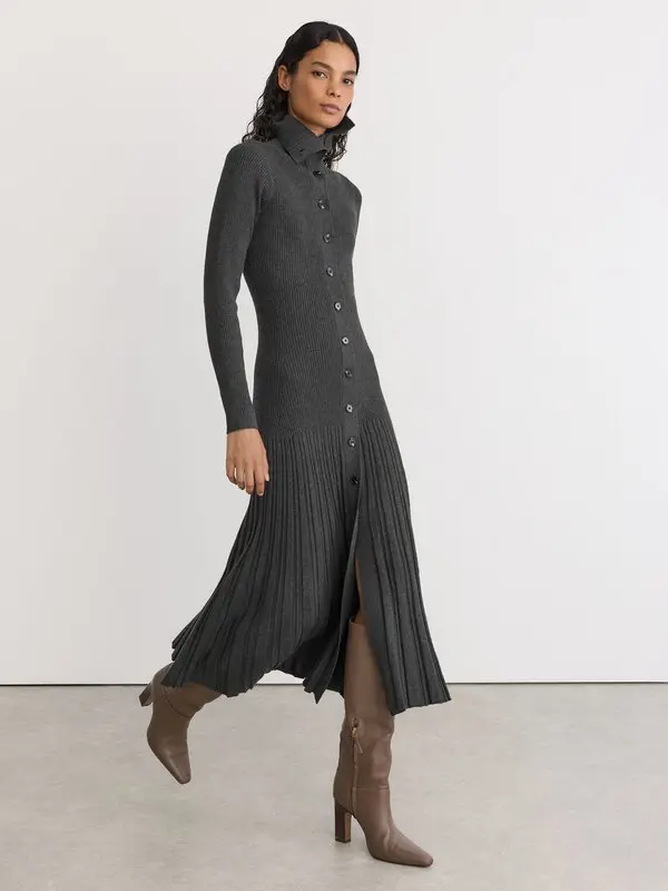 REISS Nova Pleated Knit Collared Midi Dress
