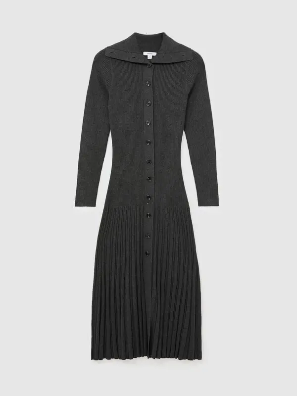 REISS Nova Pleated Knit Collared Midi Dress