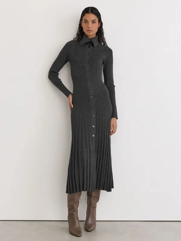 REISS Nova Pleated Knit Collared Midi Dress