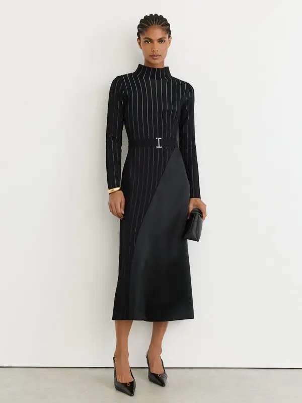 REISS Mia Pinstripe Knitted Satin-panel Midi Dress