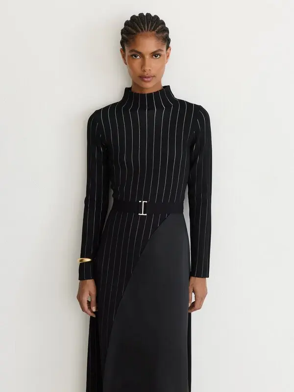 REISS Mia Pinstripe Knitted Satin-panel Midi Dress