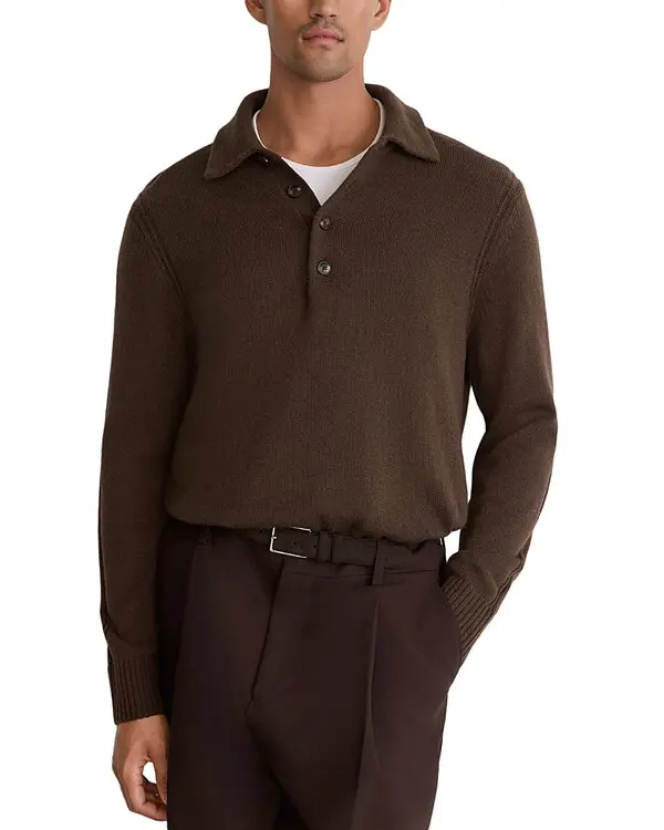 REISS Wool & Cashmere Button Polo Shirt - Soft Brown
