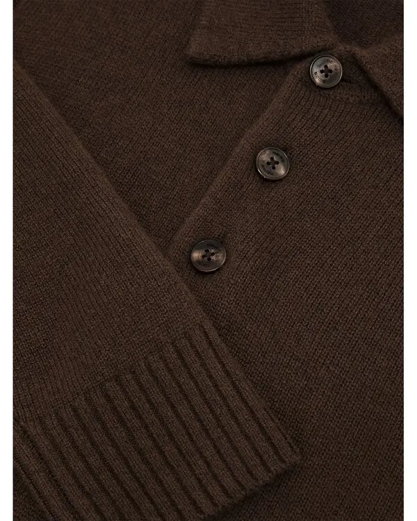 REISS Wool & Cashmere Button Polo Shirt - Soft Brown