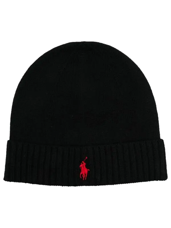 Polo Ralph Lauren Ribbed Wool Folded-lapel Hat With Mini Pony Wrist Embroidery - Nero