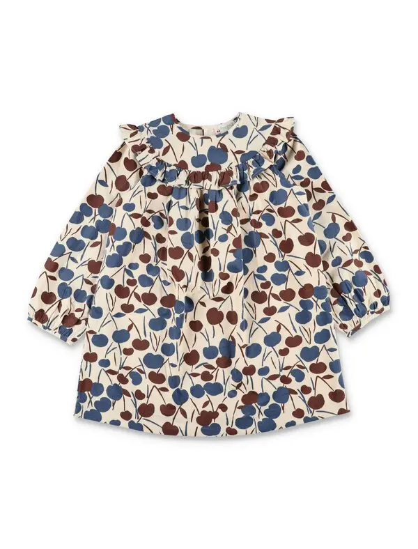 Bonpoint Stretch Organic Cotton Corduroy Mini Dress With Multicolour Print & Ruffled Neckline - Hazelnut Print