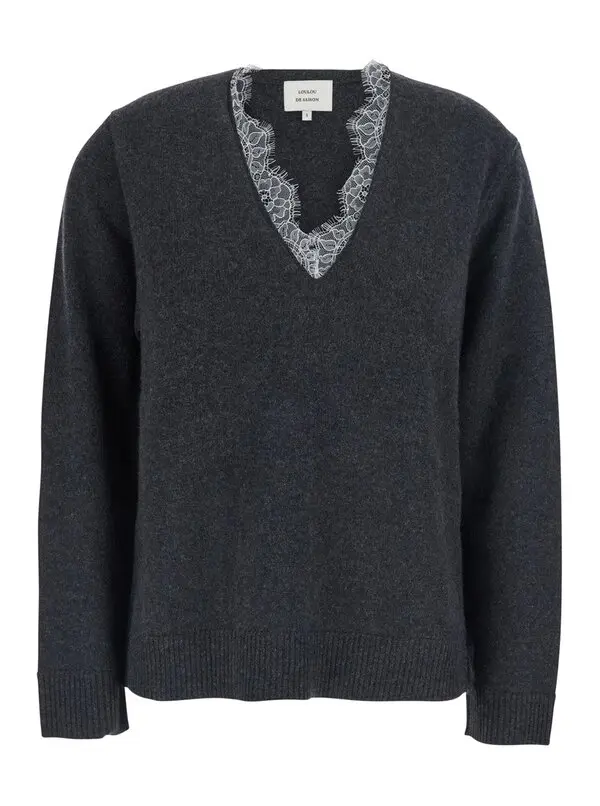 Loulou De Saison V-neck Cashmere Sweater With Lace Details For - Grey