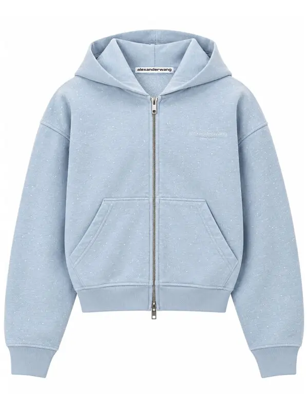 Alexander Wang Crystal Logo Zip-up Hooded Sweatshirt - Light Blue