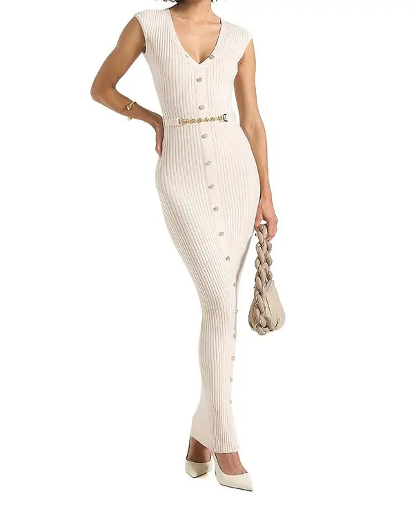 Manière De Voir Helene Knitted Midaxi Dress With Belt - Beige