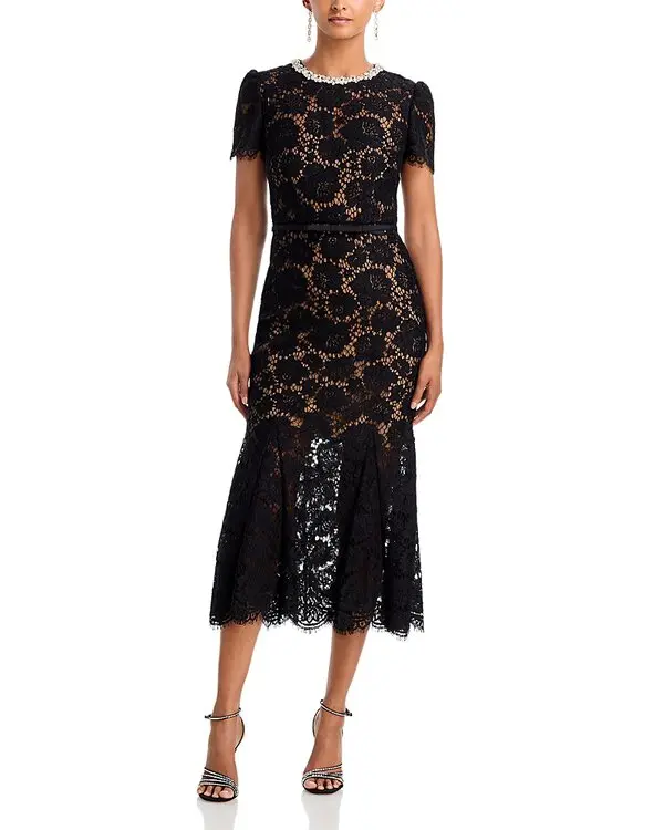 SELF-PORTRAIT Sequin Lace Embellished Round Neck Midi Dress