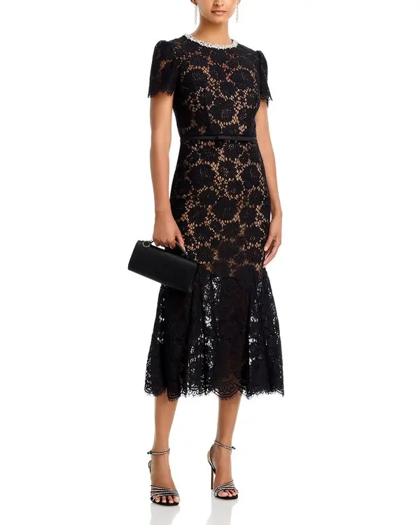 SELF-PORTRAIT Sequin Lace Embellished Round Neck Midi Dress
