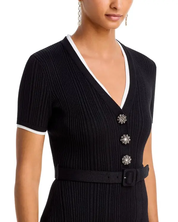 SELF-PORTRAIT V Neck Belted Rib-knit Midi Dress Exclusive