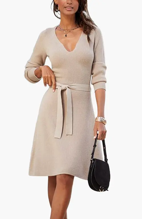 LASCANA V-neck Belted Sweater Dress - Beige-mottled