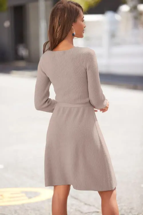 LASCANA V-neck Belted Sweater Dress - Beige-mottled