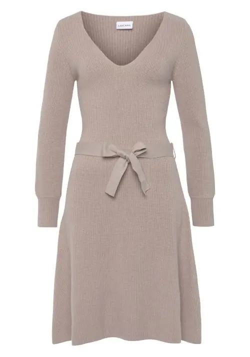 LASCANA V-neck Belted Sweater Dress - Beige-mottled