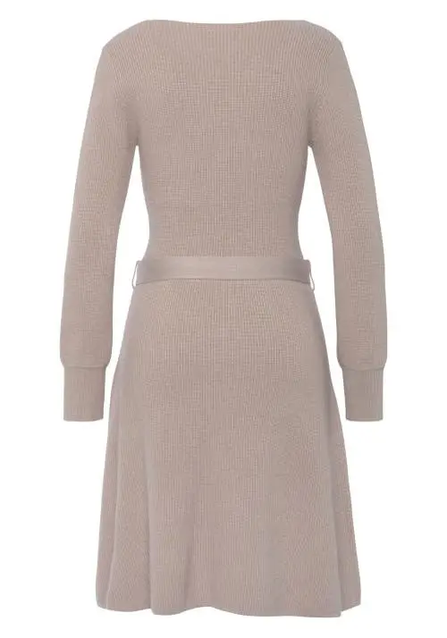 LASCANA V-neck Belted Sweater Dress - Beige-mottled