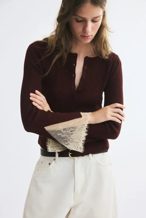 H&M Lace-trimmed Rib-knit Cardigan