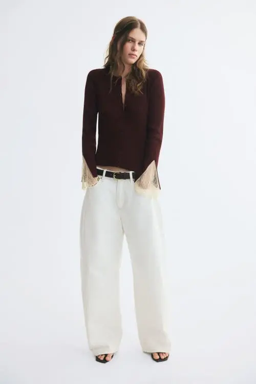 H&M Lace-trimmed Rib-knit Cardigan