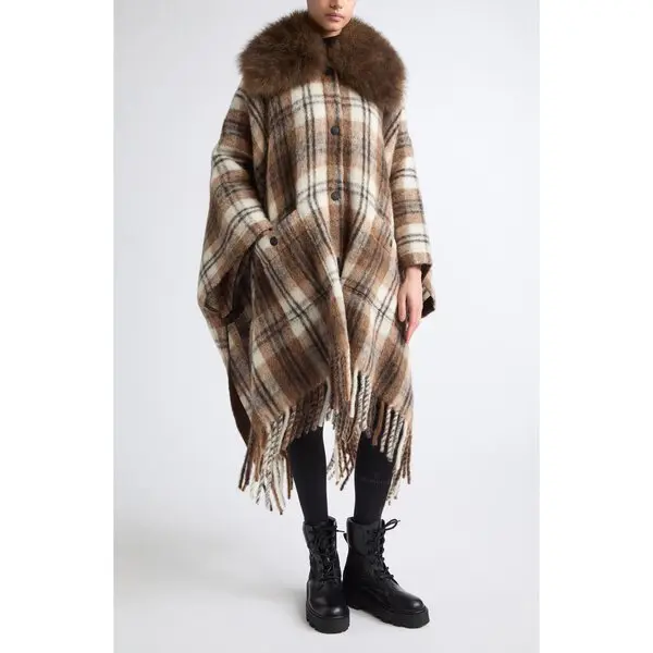 Moncler Plaid Genuine Shearling Collar Mohair - Brown